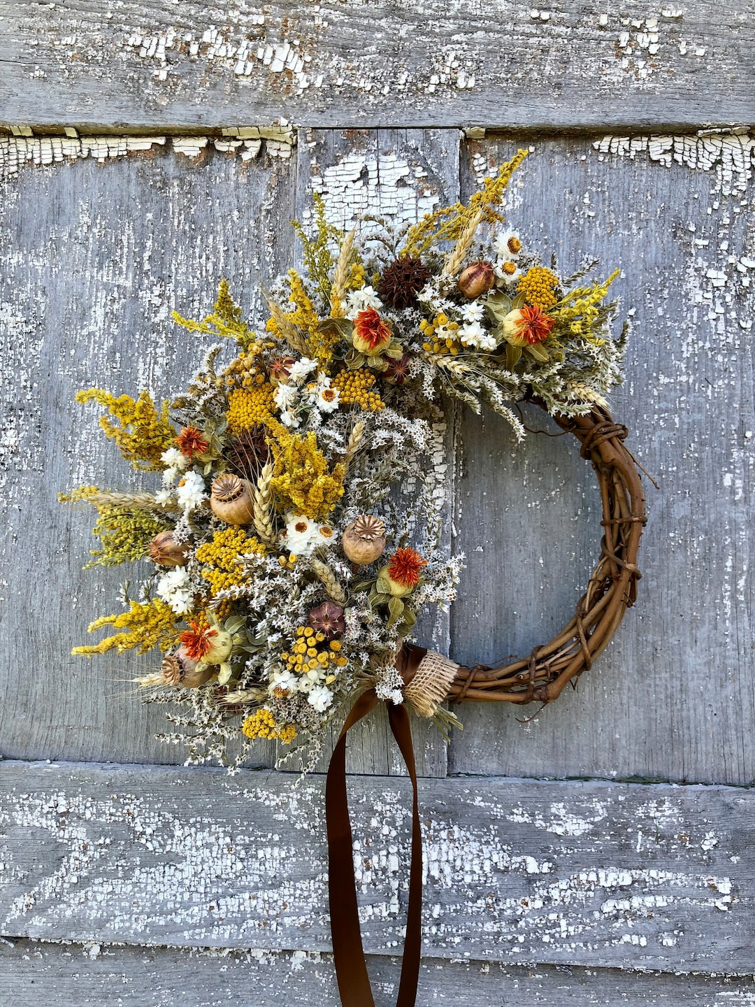 Dried Flower Wreath, Crescent Dried Flower Wreath, German Statice ...