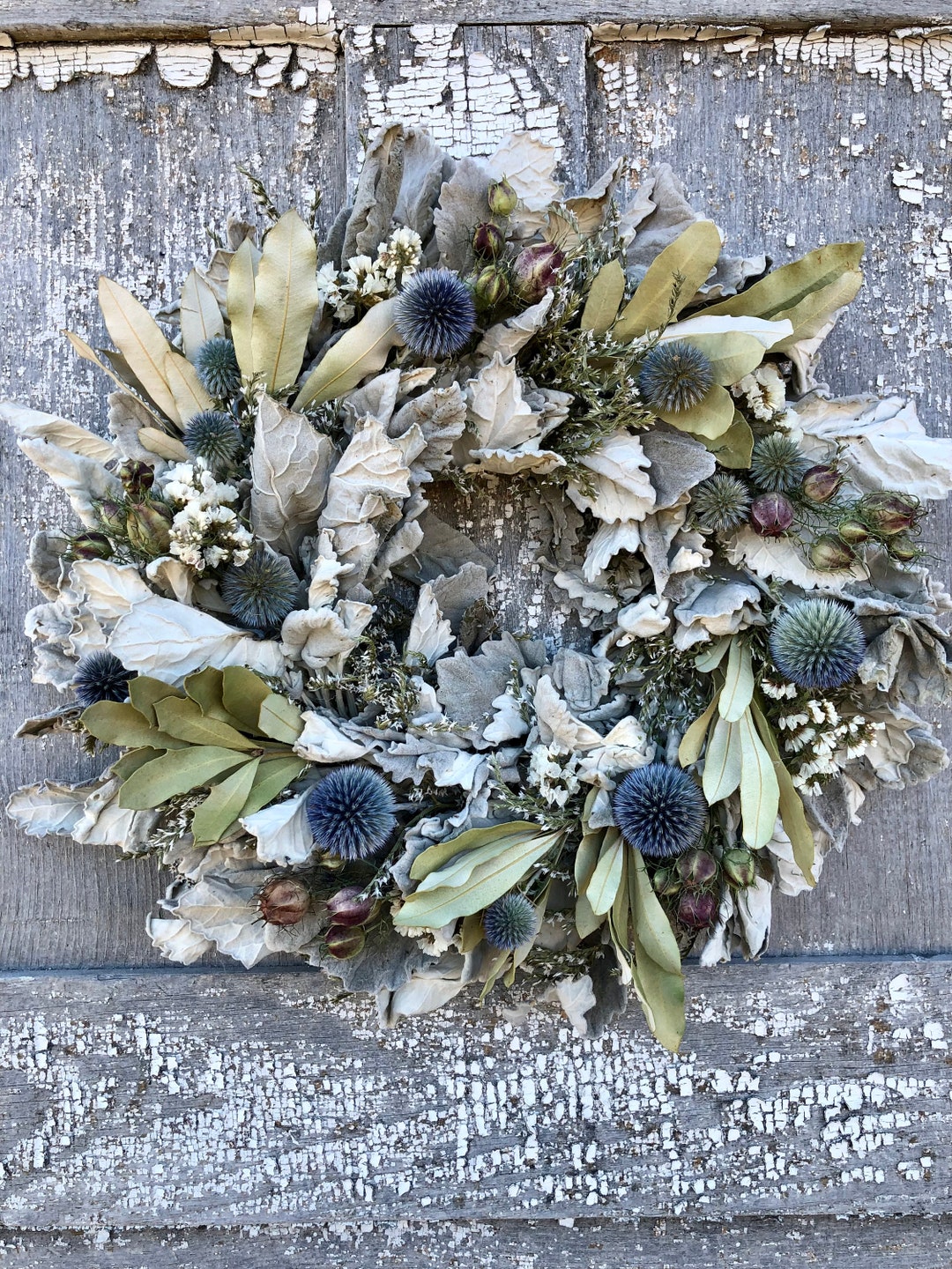 German Statice Wreath, Blue Globe Thistle Wreath, Dusty Miller Wreath ...
