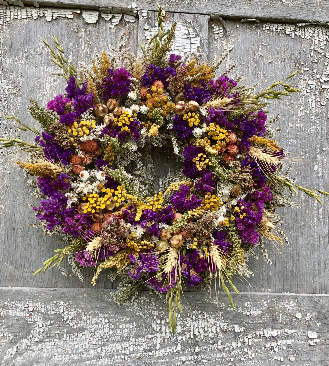 Dried Flower Wreath, German Statice Wreath, Multi Colored Wreath, Dried ...