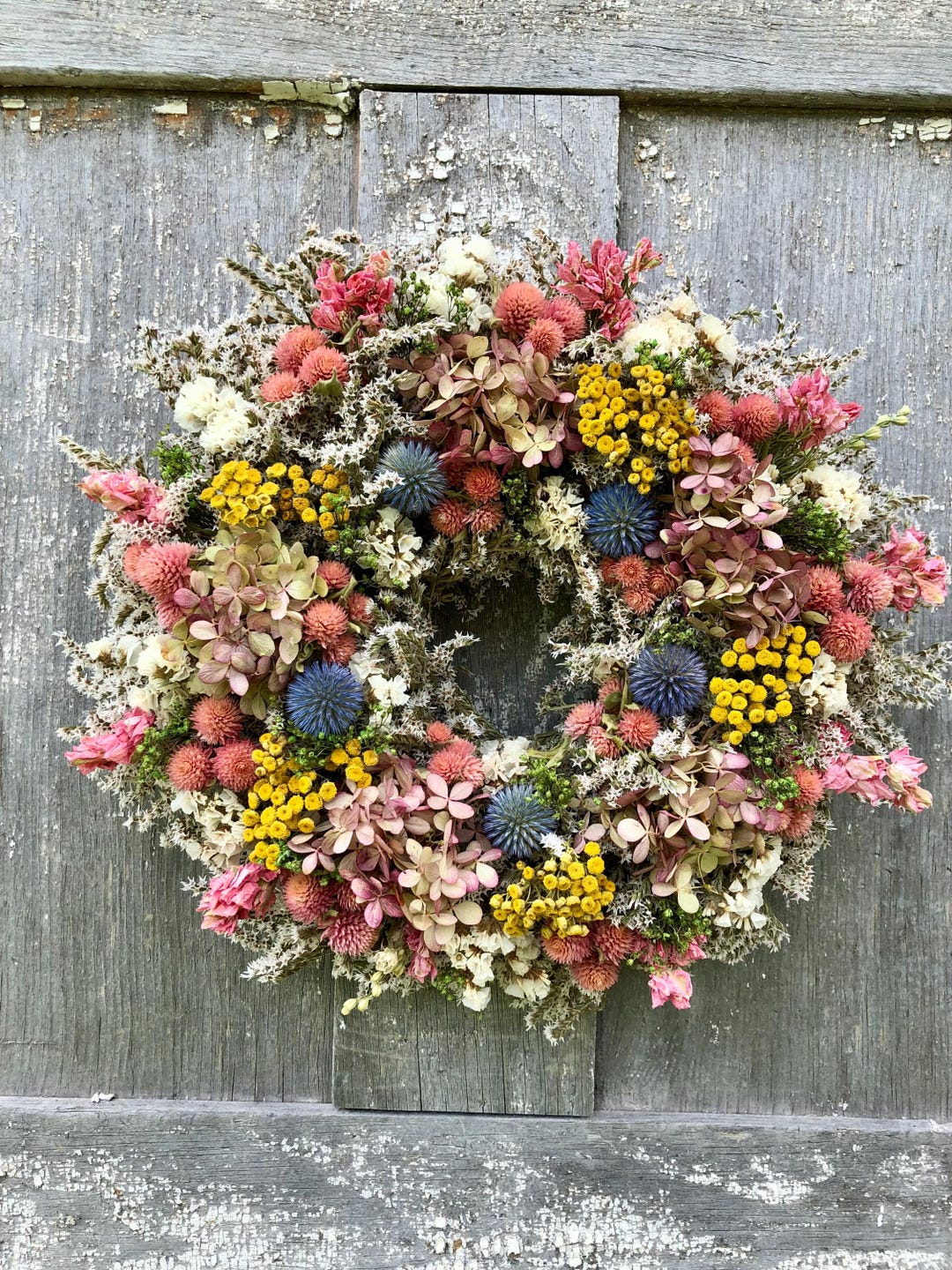 Dried Flower Wreath: German Statice, Pink, Yellow & Blue Farmhouse ...