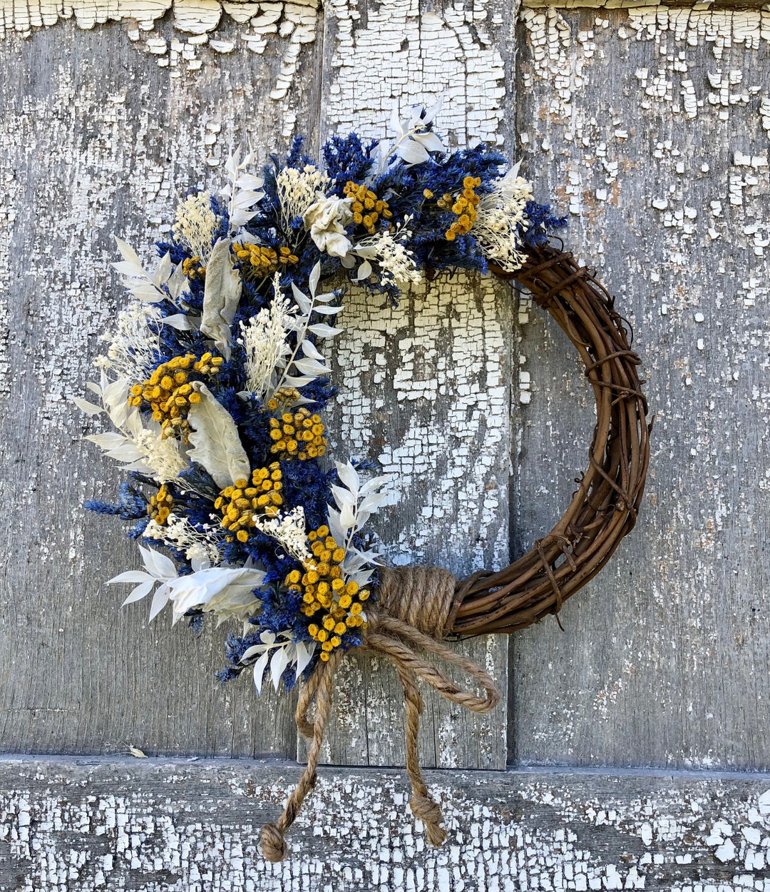 Dried Flower Wreath: Blue & Yellow German Statice, Grapevine Base - Etsy