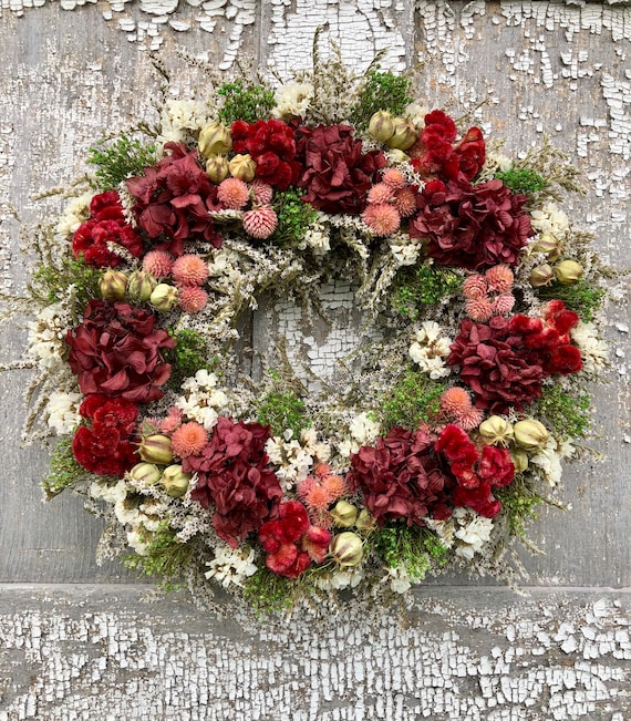 Dried Flower Wreath German Statice Wreath Green Pink and - Etsy