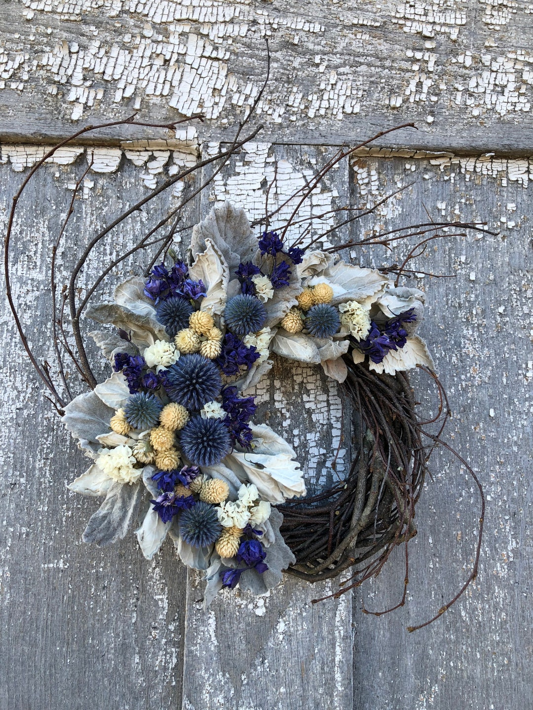 Birch Wreath, Small Dried Flower Wreath, Grapevine Wreath, Blue Dried ...