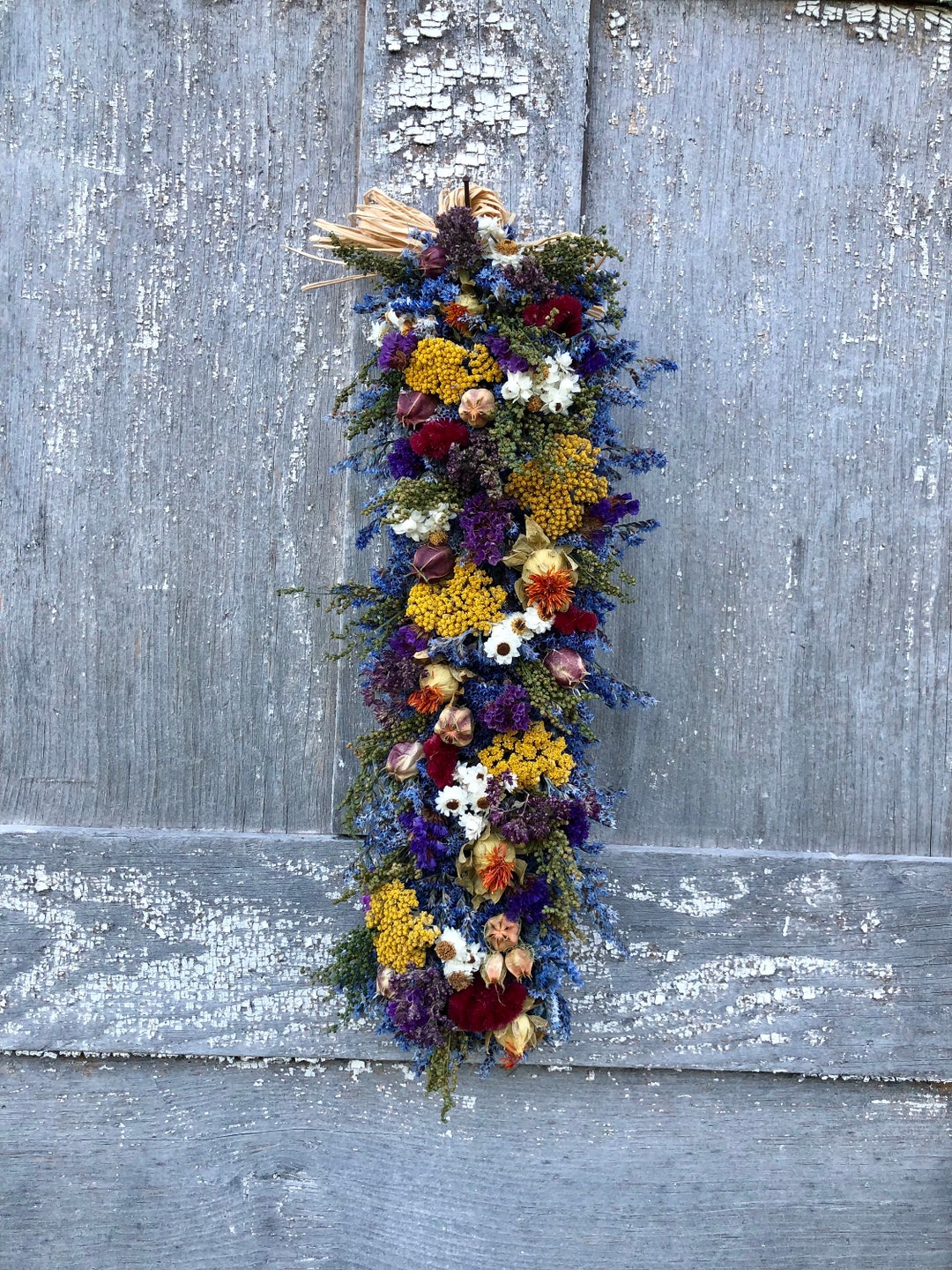 German Statice Wreath, Dried Flower Wreath, Blue Swag, Multi Colored ...
