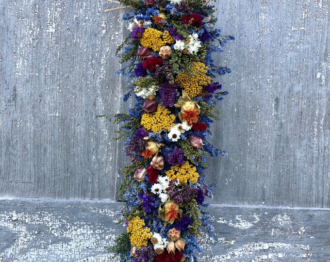 German Statice Wreath, Dried Flower Wreath, Blue Swag, Multi Colored ...
