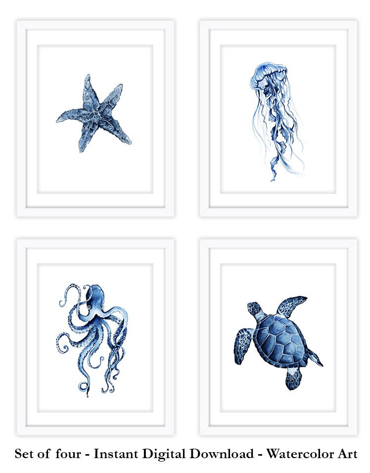 Sea Creature Printable Indigo Blue Artwork Starfish | Etsy