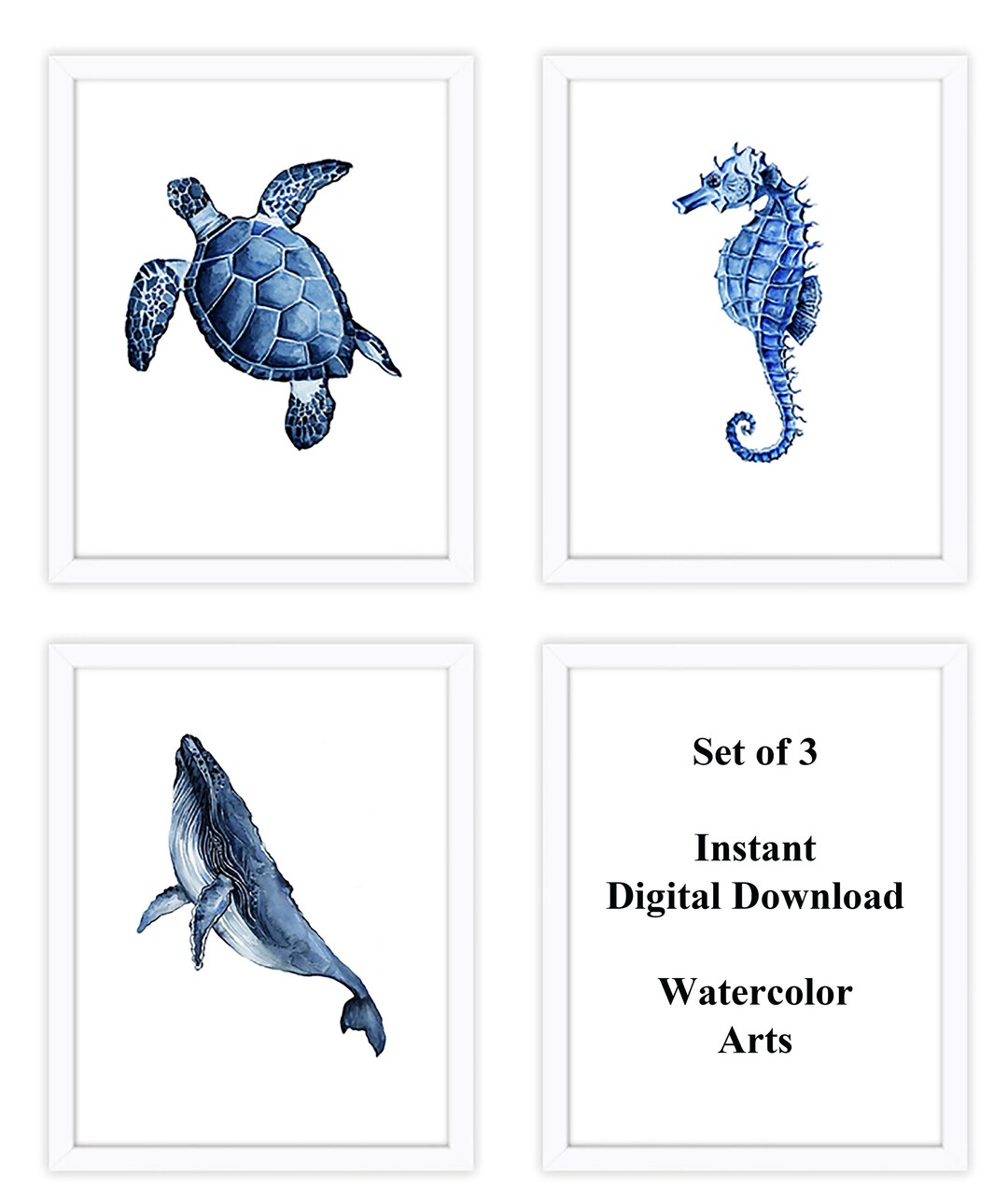 Indigo Watercolor Sea Creatures, Nautical Printable, Indigo Sea Turtle ...