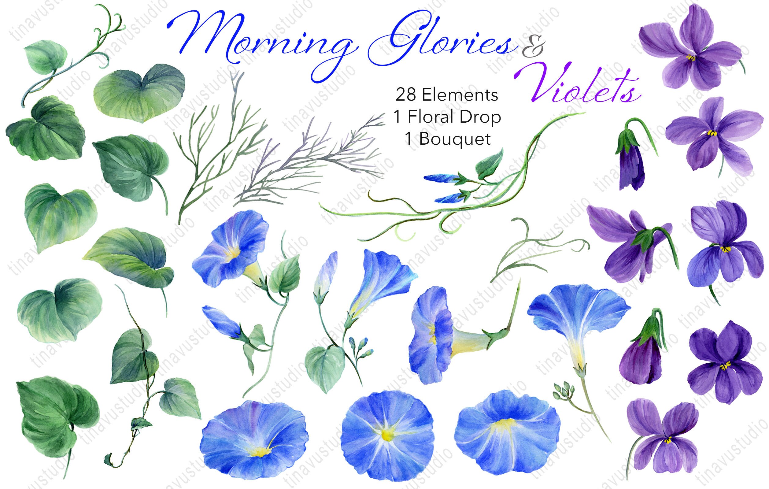 Morning glories violets watercolor digital download hand | Etsy