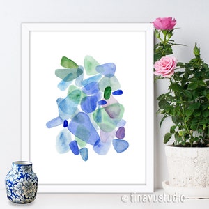 Blue Sea Glass Watercolor Art, Set of 2, Watercolor Sea Glass Printable ...