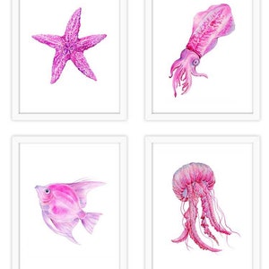 Pink Sea Creature Printable Pink Watercolor Artworks Squid - Etsy