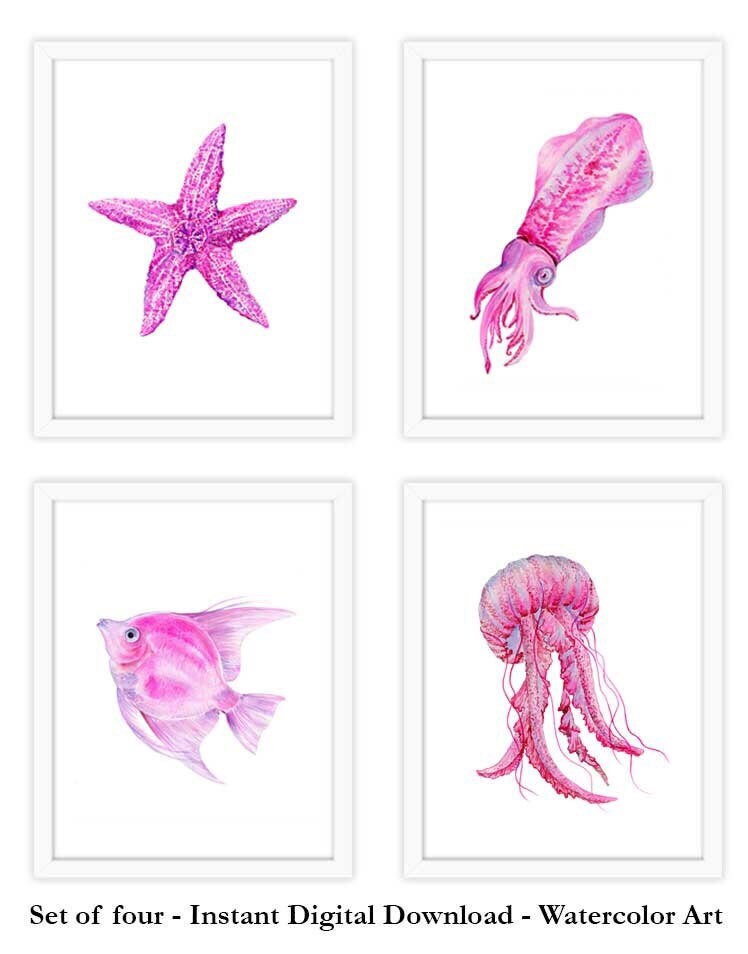 Pink Sea Creature Printable Pink Watercolor Artworks Squid | Etsy