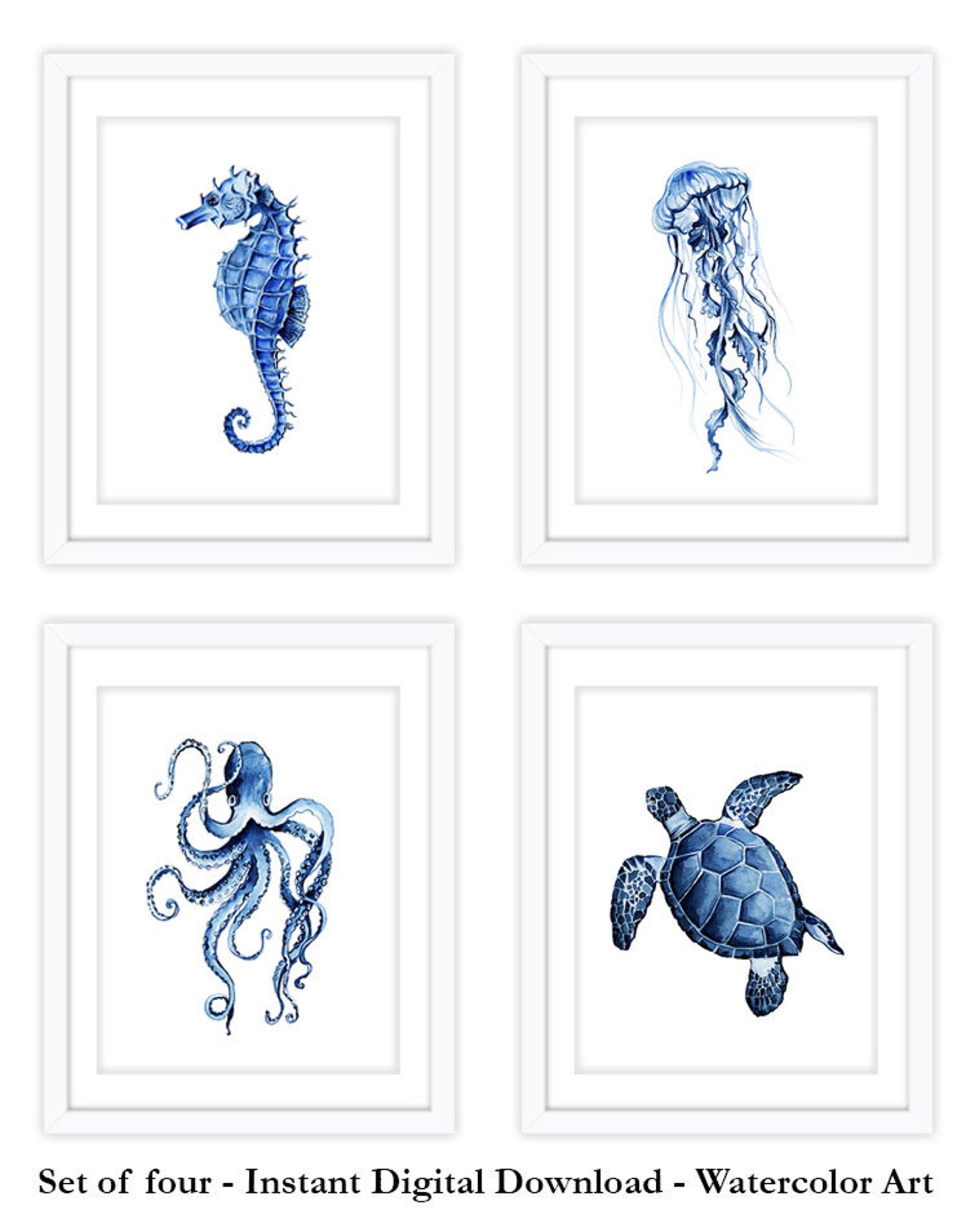 Sea Creature Printable Indigo Blue Artwork Seahorse - Etsy