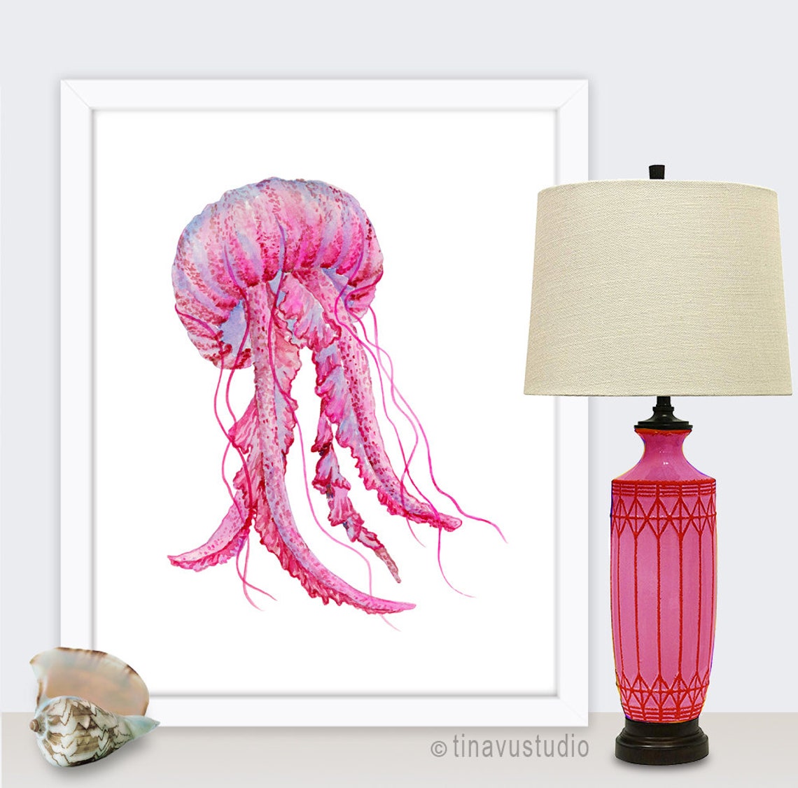 Pink sea creature printable pink watercolor artworks squid | Etsy