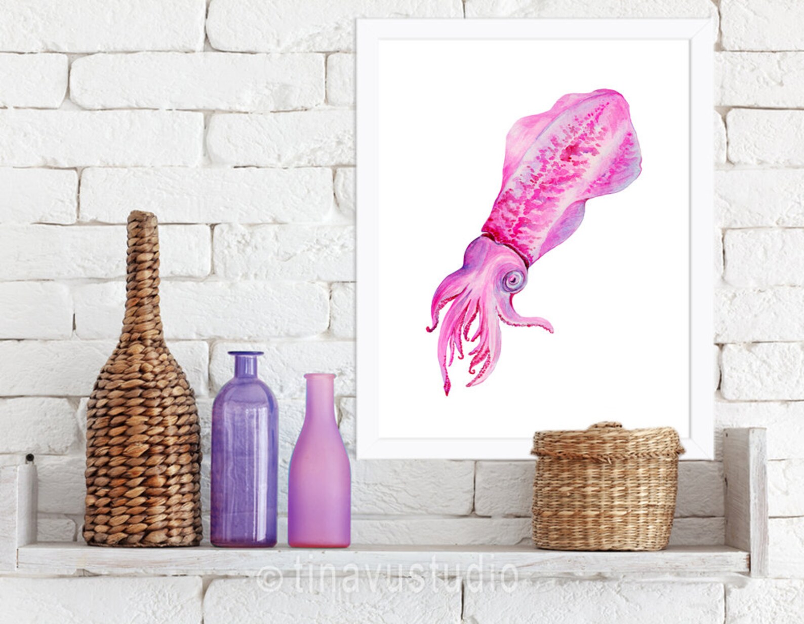Pink Sea Creature Printable Pink Watercolor Artworks Squid | Etsy