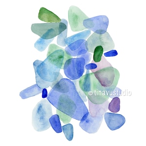 Blue Sea Glass Watercolor Art, Set of 2, Watercolor Sea Glass Printable ...