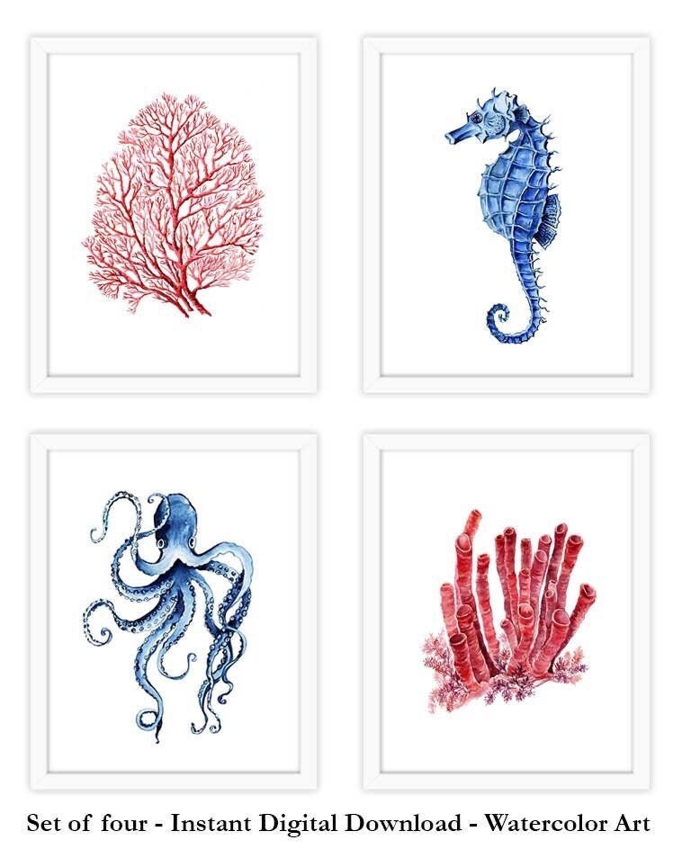 Indigo Sea Creatures, Red Coral Print, Indigo and Red Watercolor ...