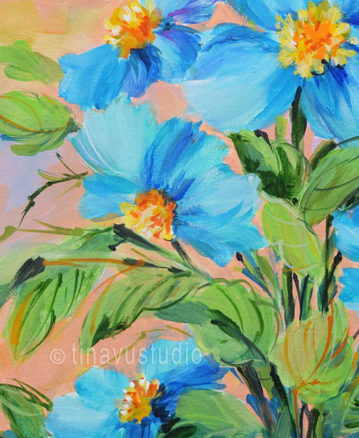 Blue Poppy Acrylic Painting, ORIGINAL Poppy Painting, Blue Flower ...