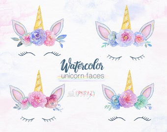 Unicorn Faces Clipart rainbow pink and gold watercolor
