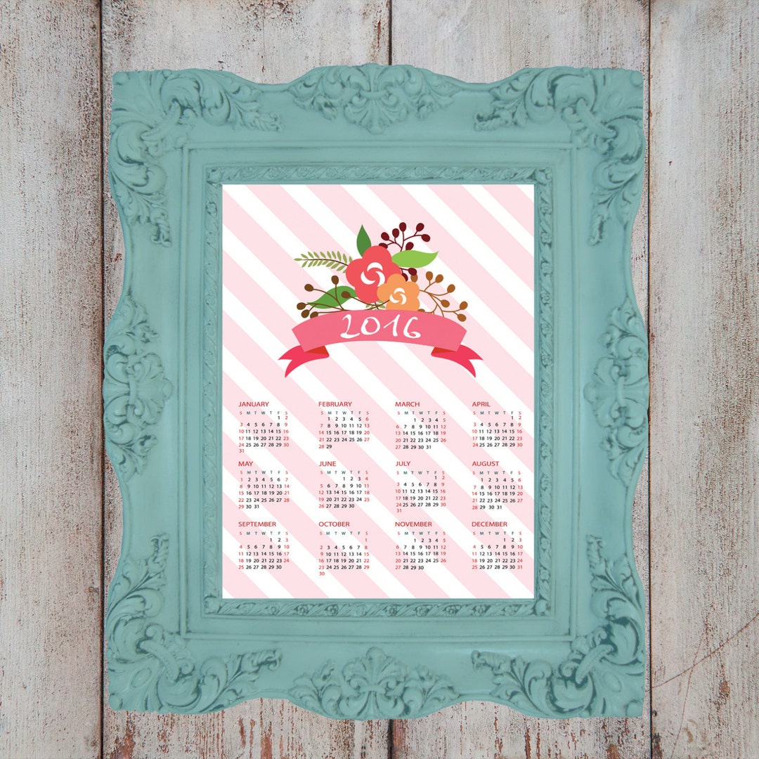 2016 Calendar Printable Wall Calendar Planner Shabby Cute Sweet Flowers ...