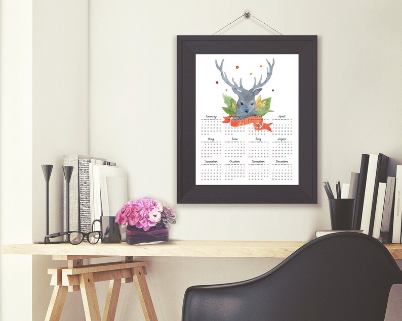Printable Calendar 2017 Watercolor Deer, Digital Floral Wall Calendar ...