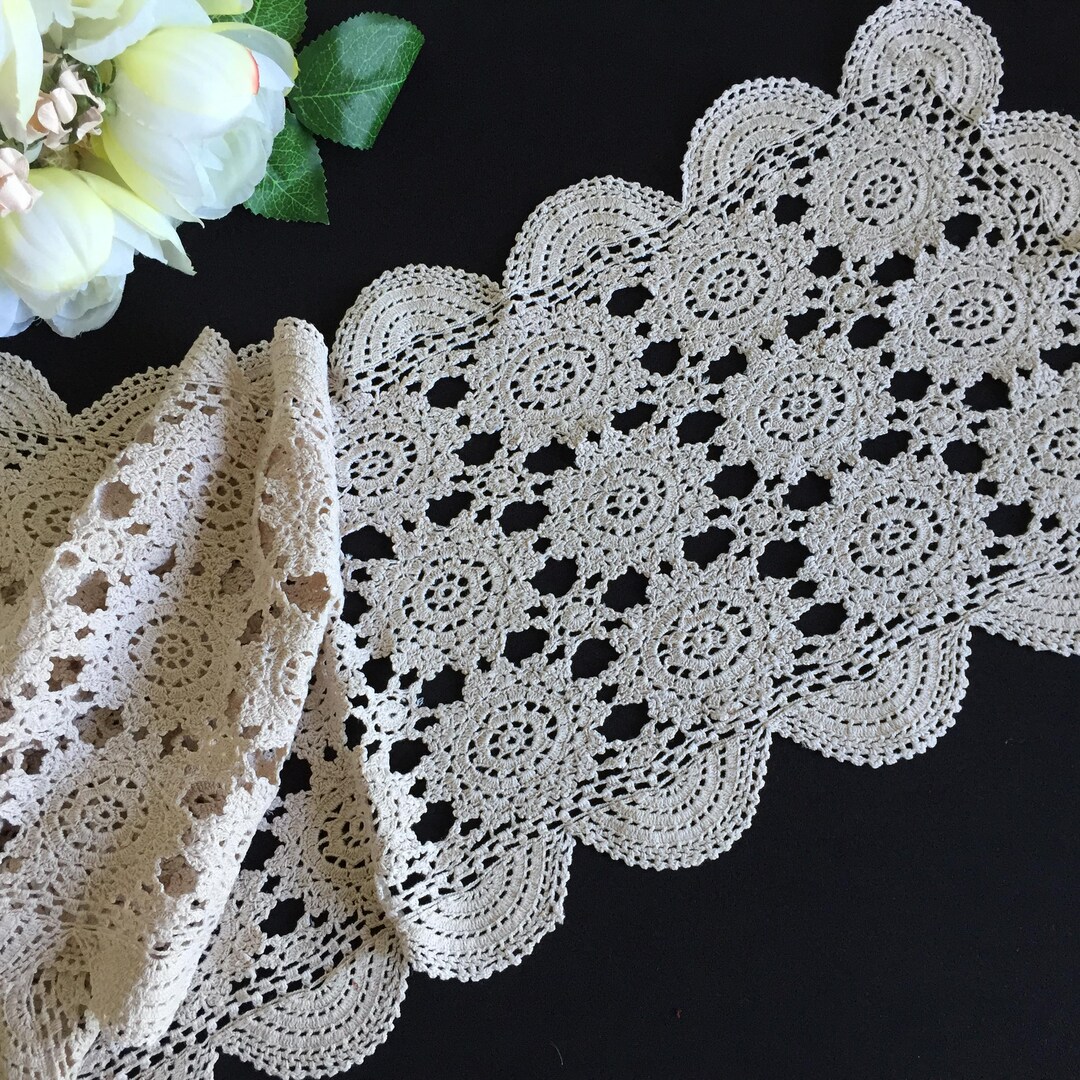Ecru Cotton Crochet Lace Table Runner | Handmade Vintage - Etsy UK