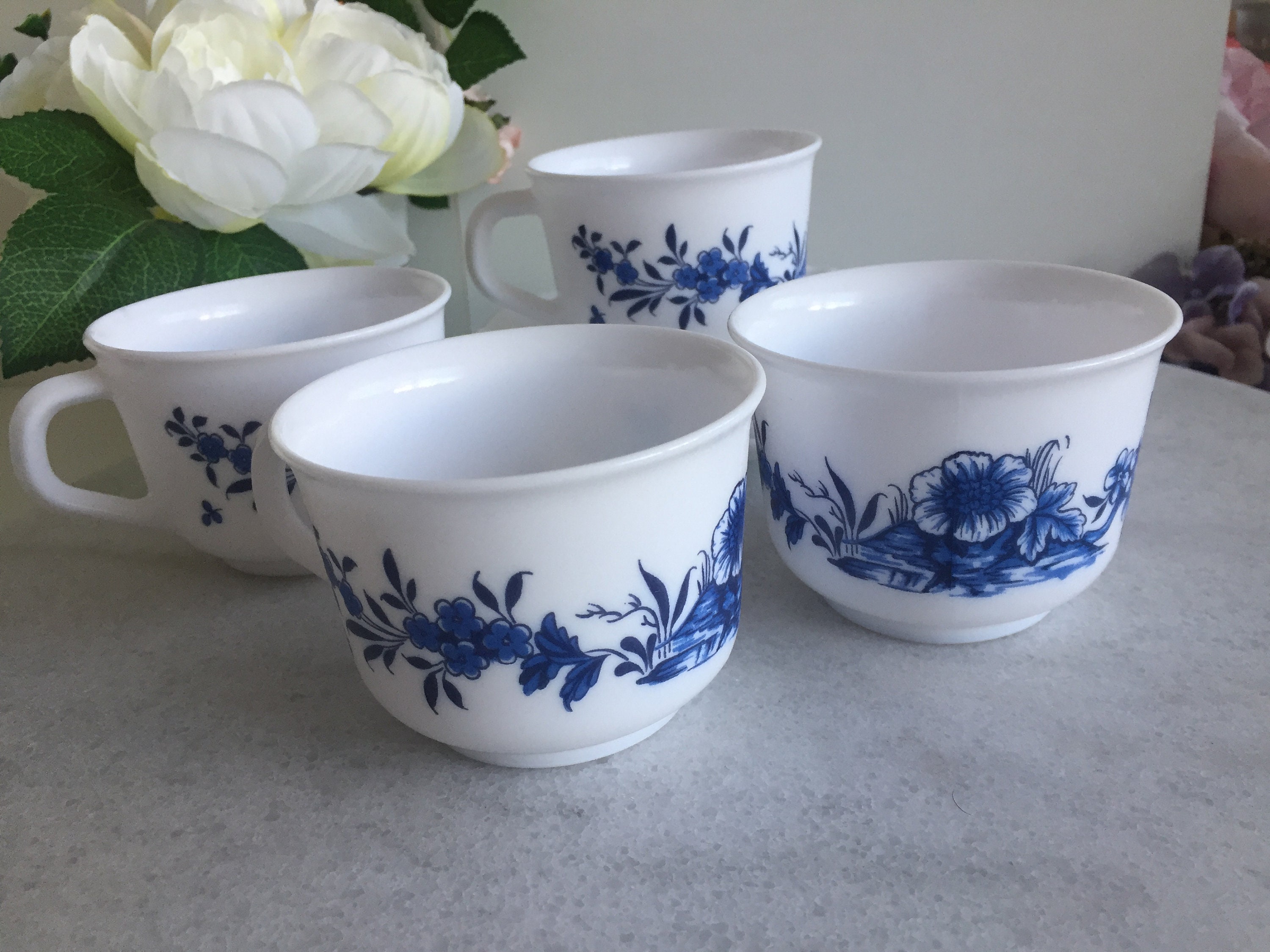 4 Vintage French Arcopal Blue and White Floral Milk Glass Tea Cup and ...