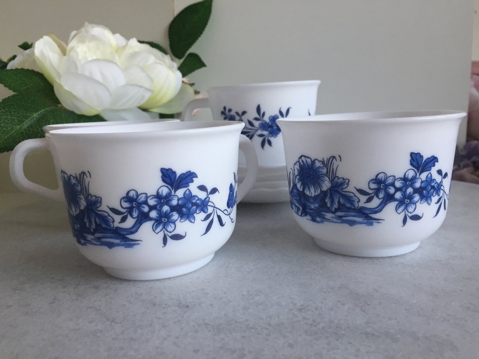 French Vintage Arcopal Blue Floral Tea Cup and Saucer Set of 4 - Etsy