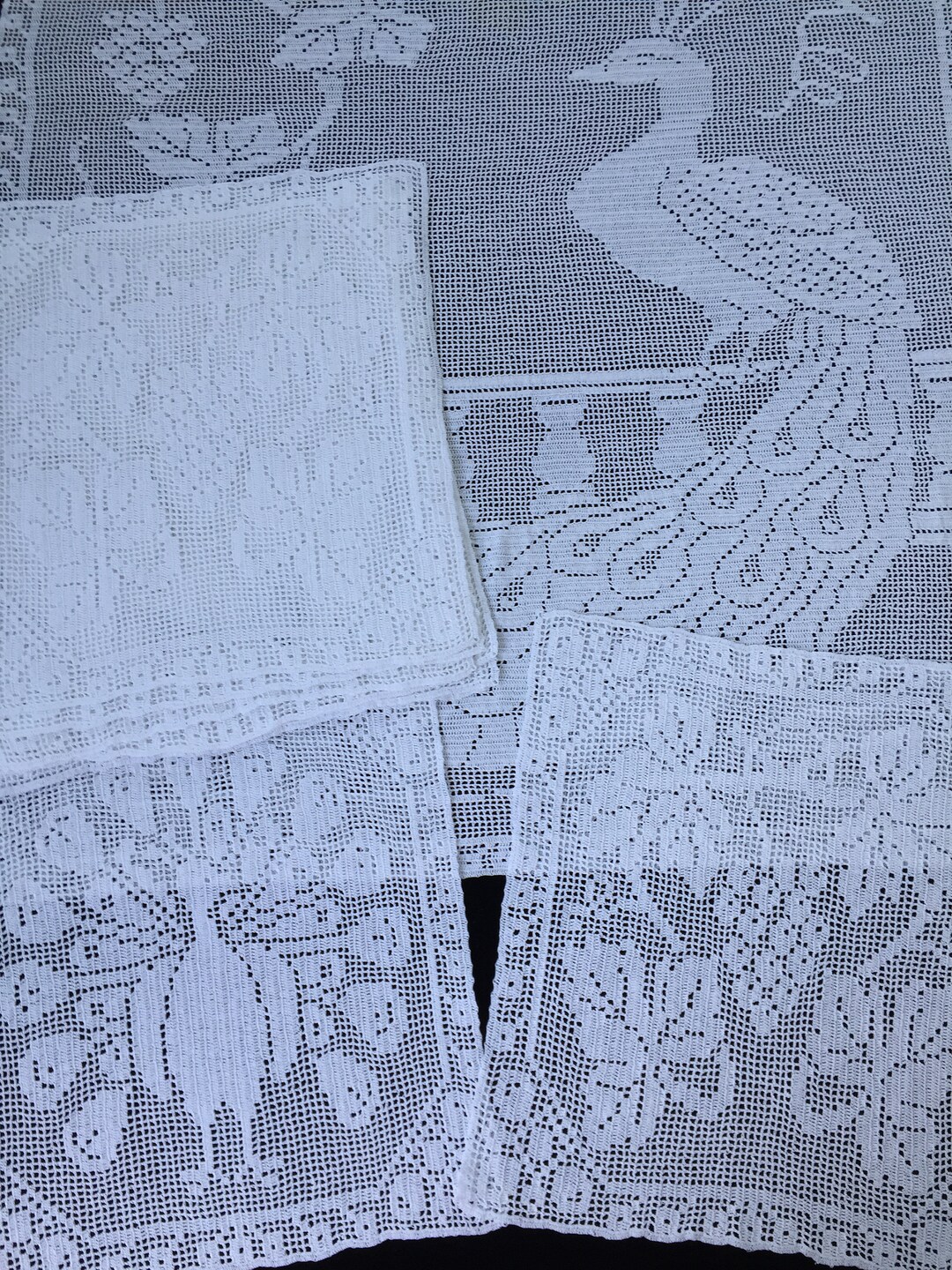 Vintage White Filet Crochet Lace Panels - Mary Card Peacock & Grapes ...