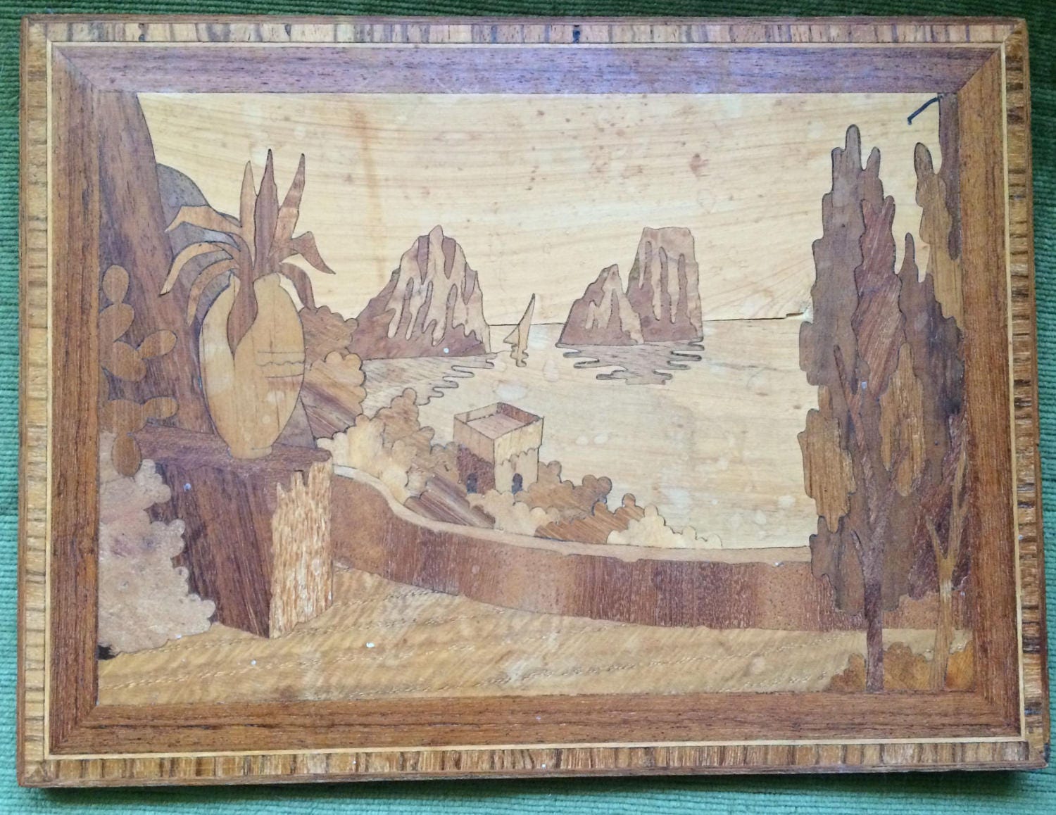 Wooden Intarsia Vintage Wall Décor. Mediterranean Landscape Wooden ...