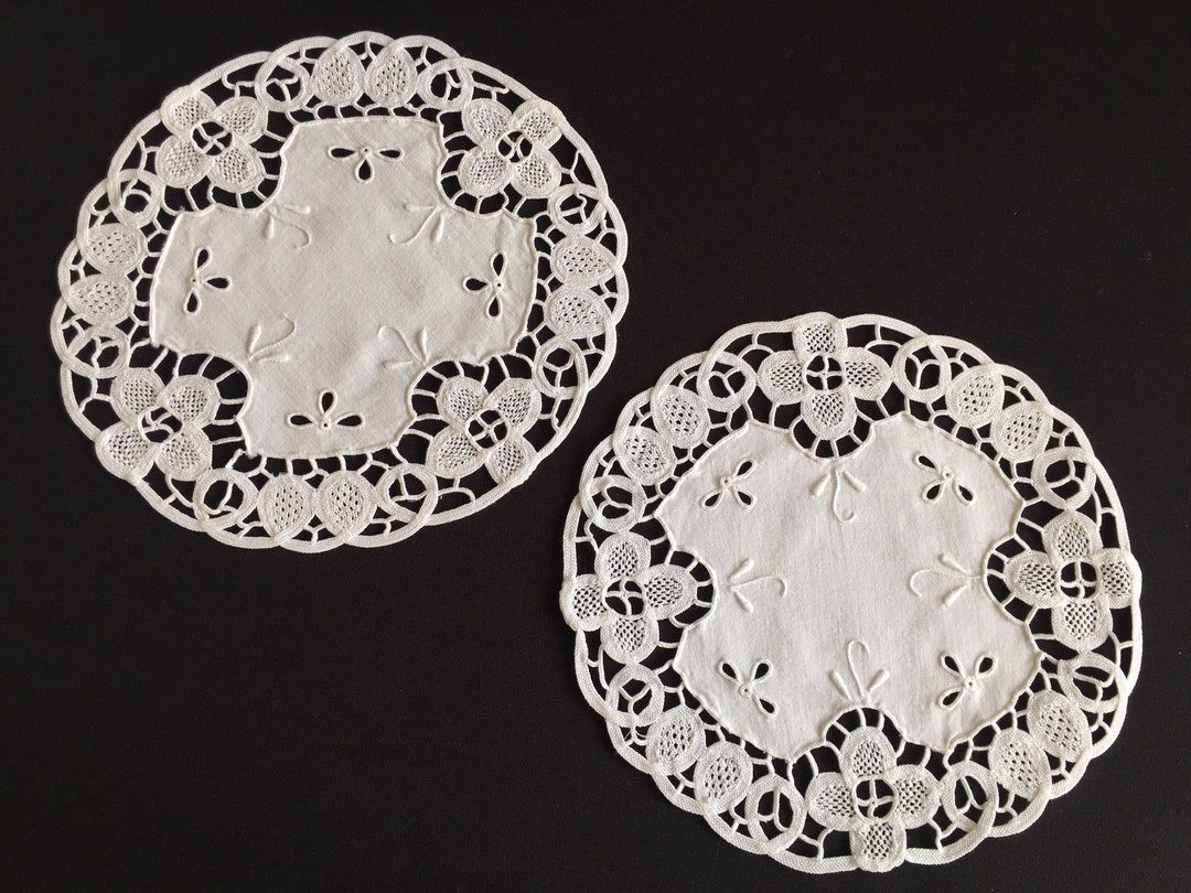 Pair of Vintage Hand Embroidered Madeira Cutwork and Venetian Style ...