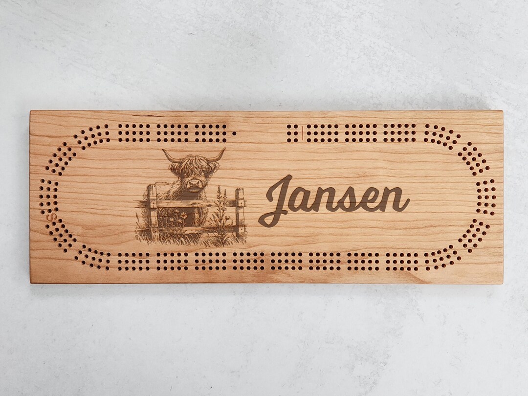 Highland Cow Cribbage Board: Personalized Maple or Cherry Wood, 3-track ...