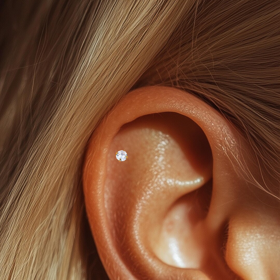 24K Gold Flat Back Helix Stud, Threadless Diamond Push in Labret 3mm ...