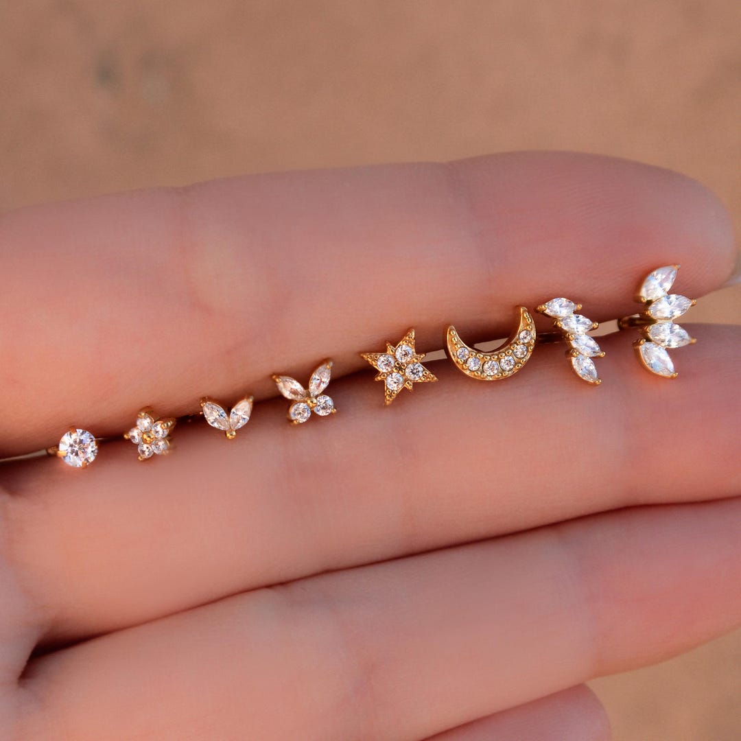 Push Helix Earring, Threadless Flat Back Earring, Tragus Stud, Flat ...