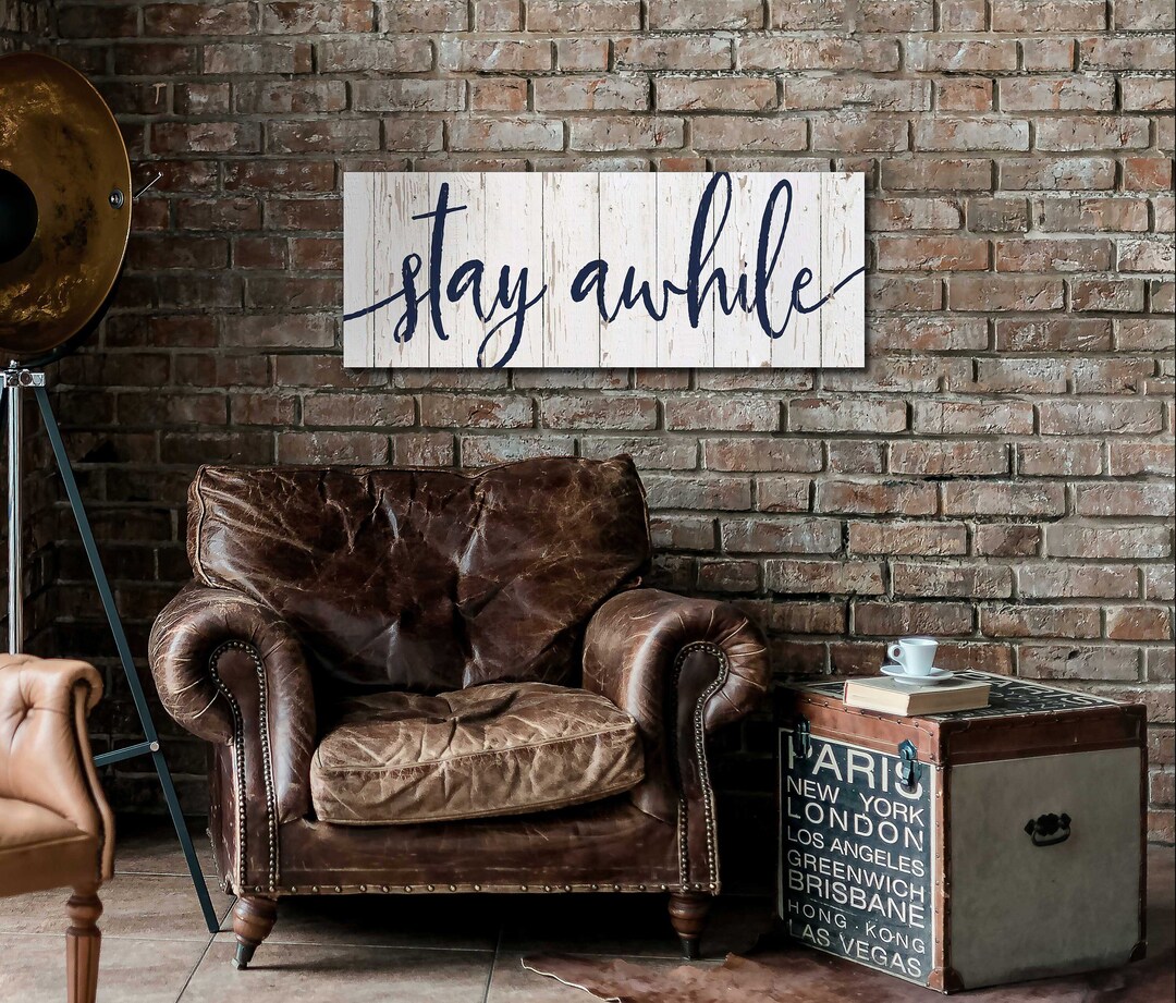 Stay Awhile Sign, Farmhouse Dining Room Wall Sign, Large Rustic Canvas ...