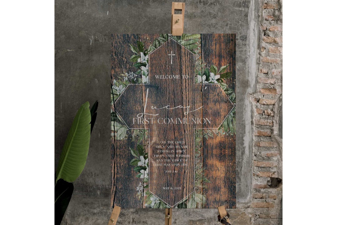 First Communion Banner, 1st Holy Communion Canvas Sign, Greenery ...