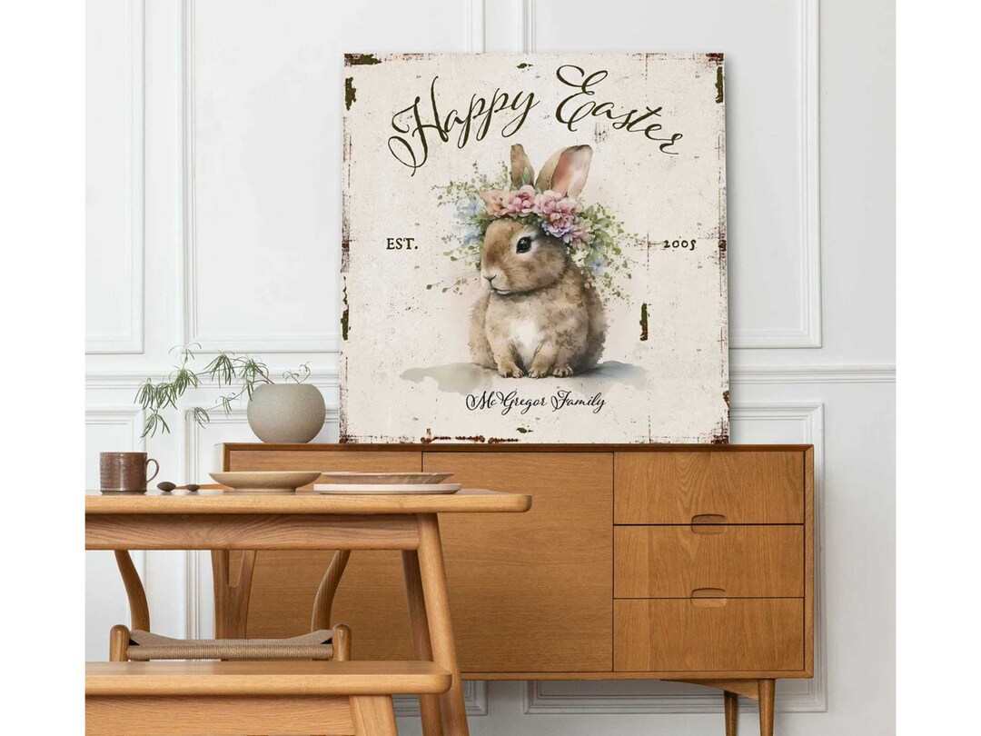 Spring Bunny Farmhouse Canvas Decor for Easter, Large Floral Wall Sign ...