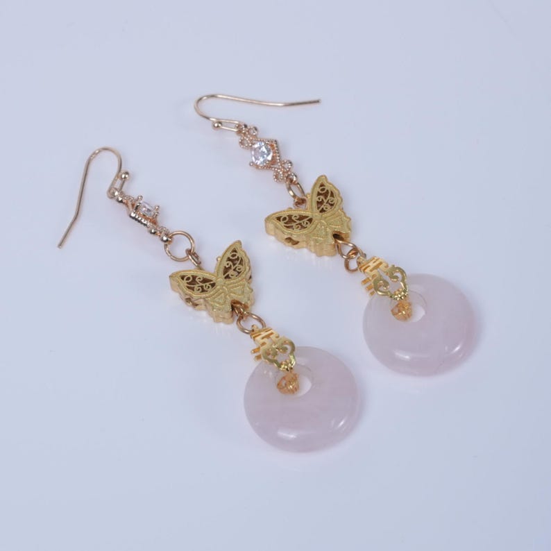 Handmade Traditional Chinese Earrings Pink Aventurine Butterfly Gold ...