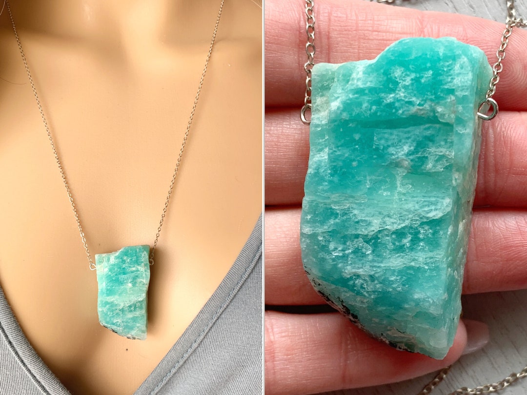 HUGE Amazonite Pendant Necklace Gold Silver Raw Crystal Necklace ...