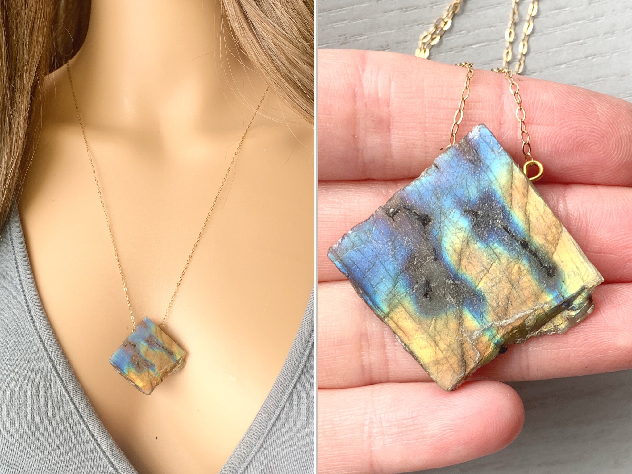 Raw Labradorite Necklace Rough Labradorite Pendant Necklace Gold or Silver Crystal Healing Necklace Labradorite Stone Jewelry ACTUAL STONE