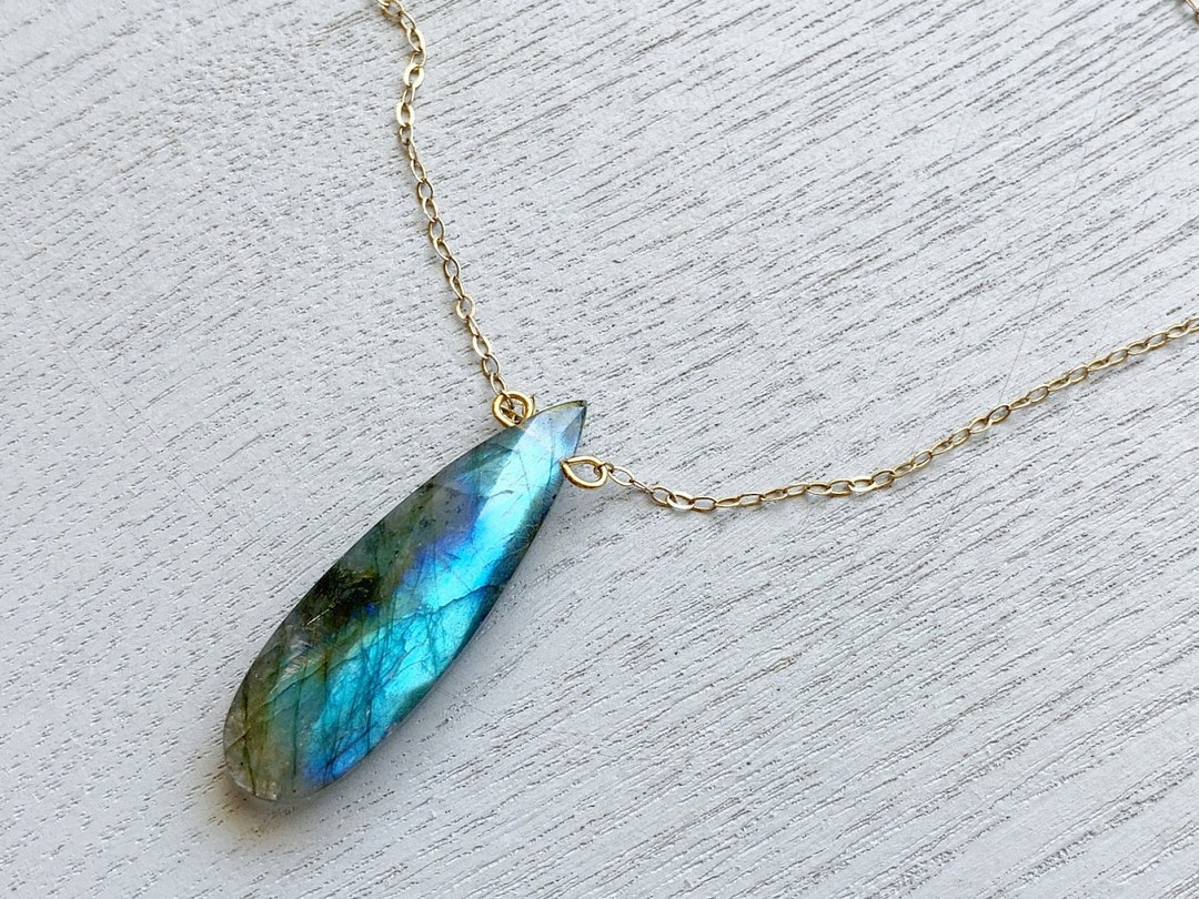 Labradorite Crystal Pendant Necklace: Long Gemstone on Gold Fill Chain ...