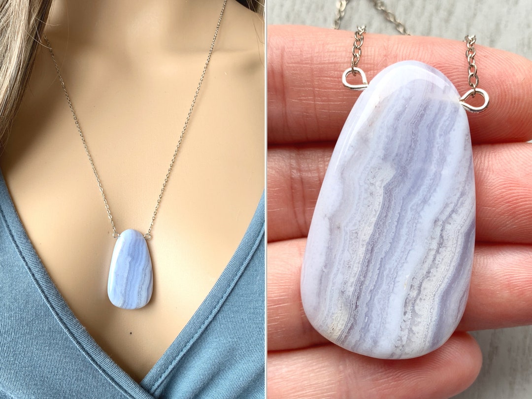 Blue Lace Agate Necklace, Blue Crystal Necklace Sterling Silver, Blue ...