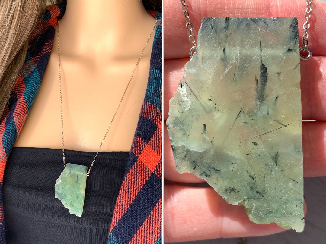 Raw Prehnite Necklace 14k Gold or Silver, Rough Prehnite Pendant ...