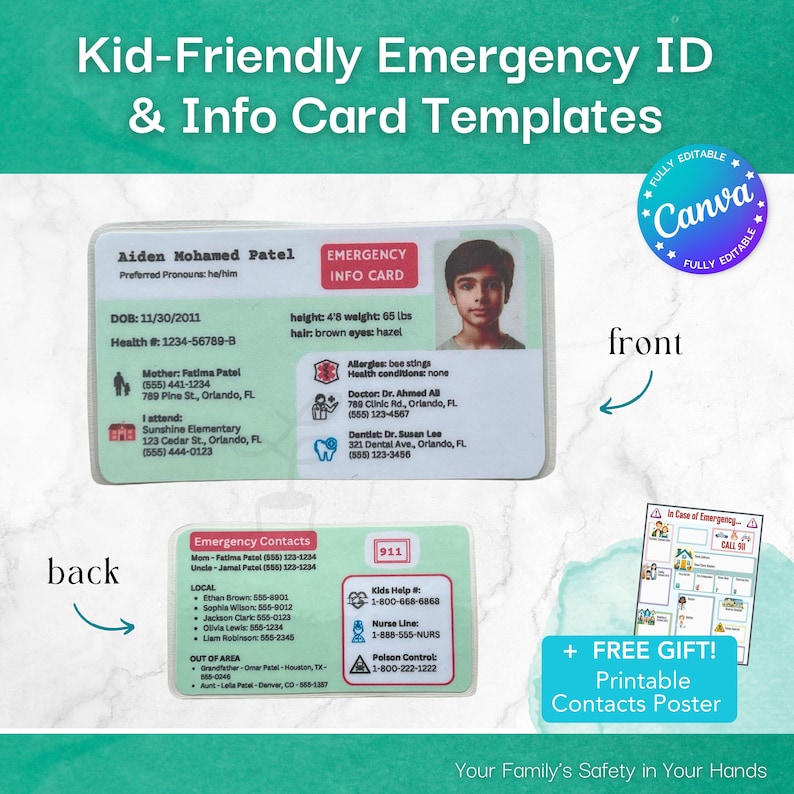 Customizable Kids' Emergency ID Card Template – Editable & Printable ...