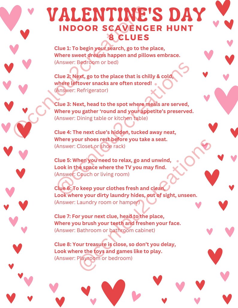 Valentine's Day Clues for Scavenger Hunt digital Downloads - Etsy