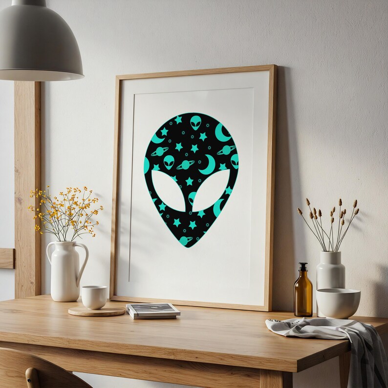 Alien Head Wall Art, Space Pattern Design, Turquoise Blue Galaxy ...
