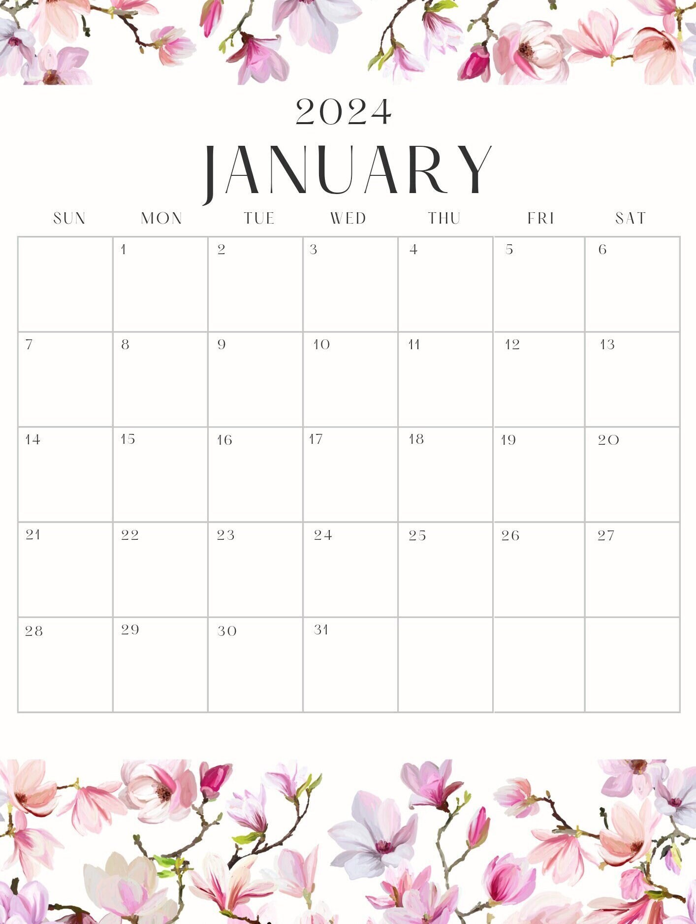 PRINTABLE January 2024 Calendar, Watercolor Floral Flower Year Planner ...