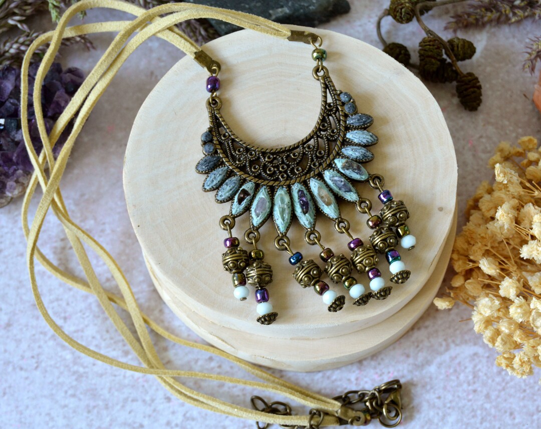 Lunar Necklace With Tiny Gems, Oversized Fringe Pendant Necklace ...
