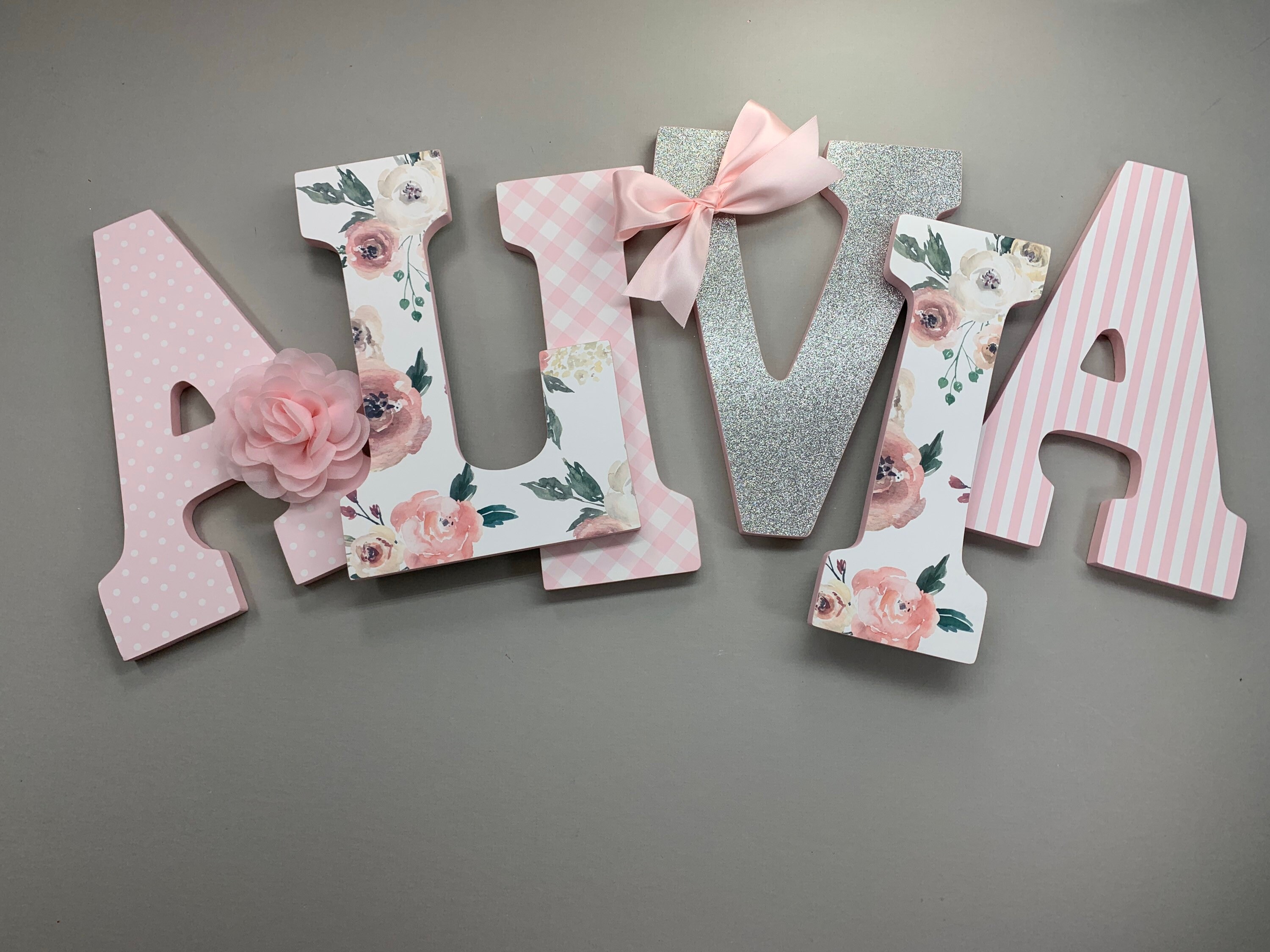 Alivia Pink and Silver Floral Nursery Letters Pink and Grey | Etsy
