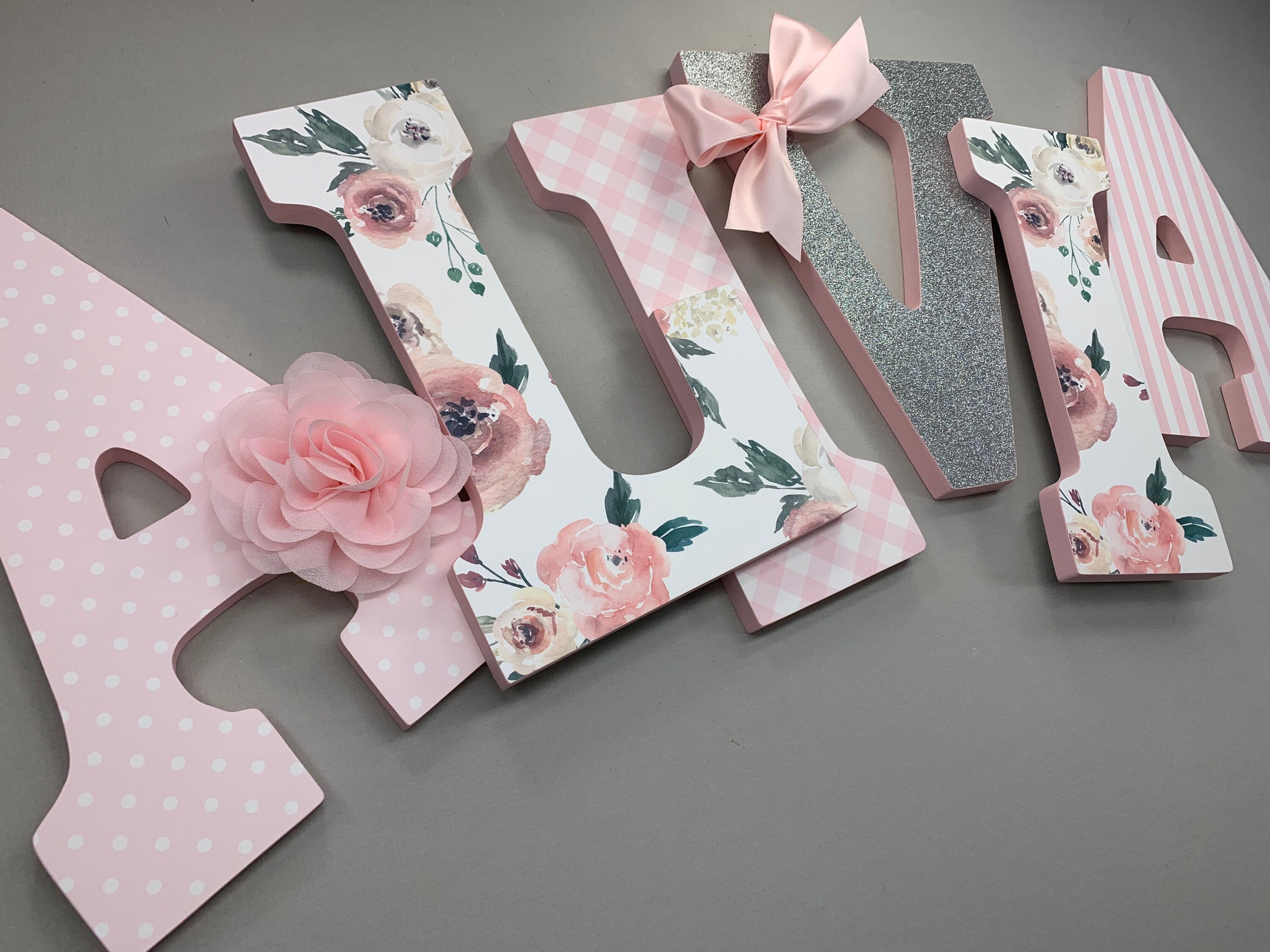 Alivia Pink and Silver Floral Nursery Letters Pink and Grey | Etsy