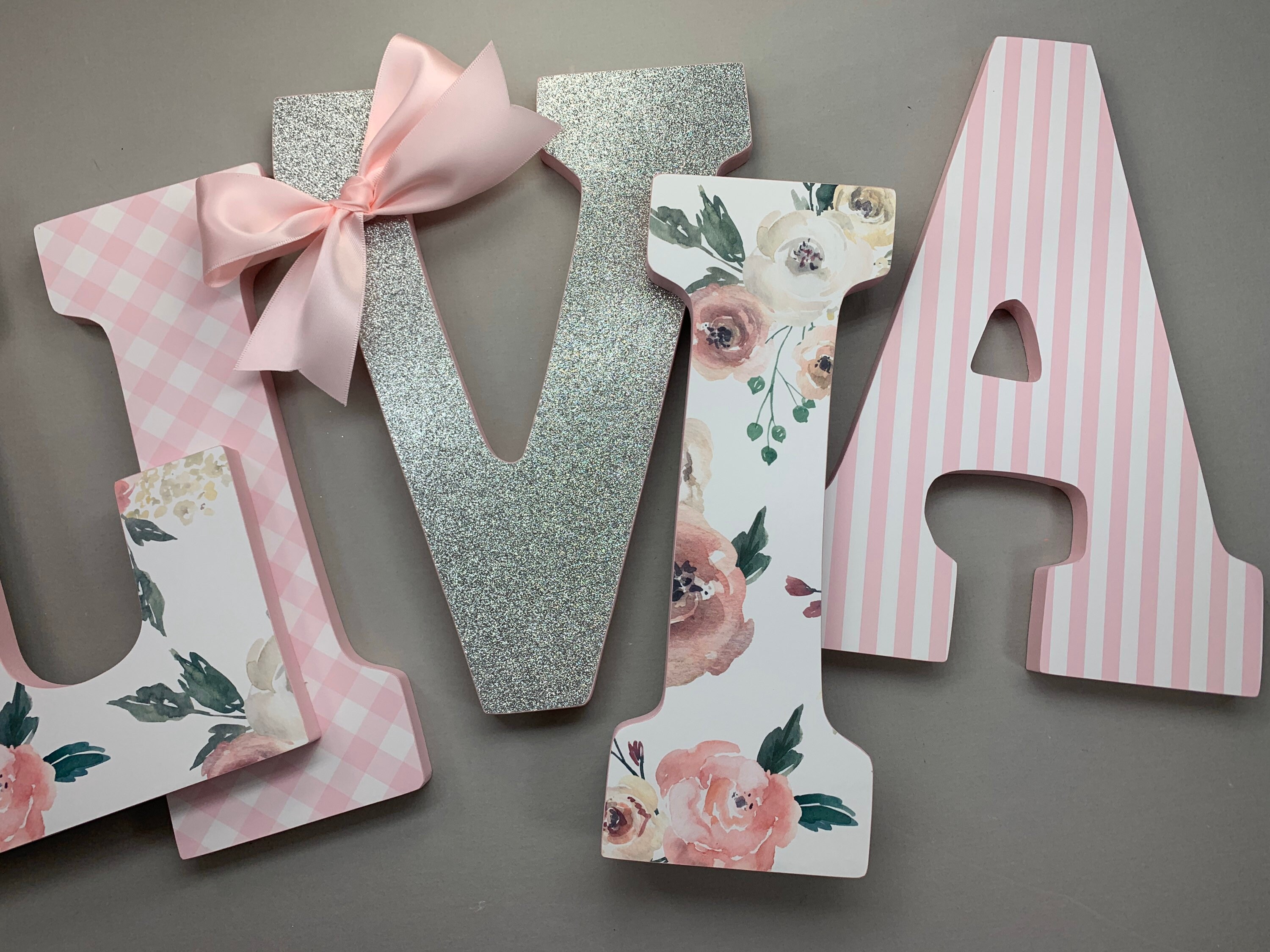 Alivia Pink and Silver Floral Nursery Letters Pink and Grey | Etsy